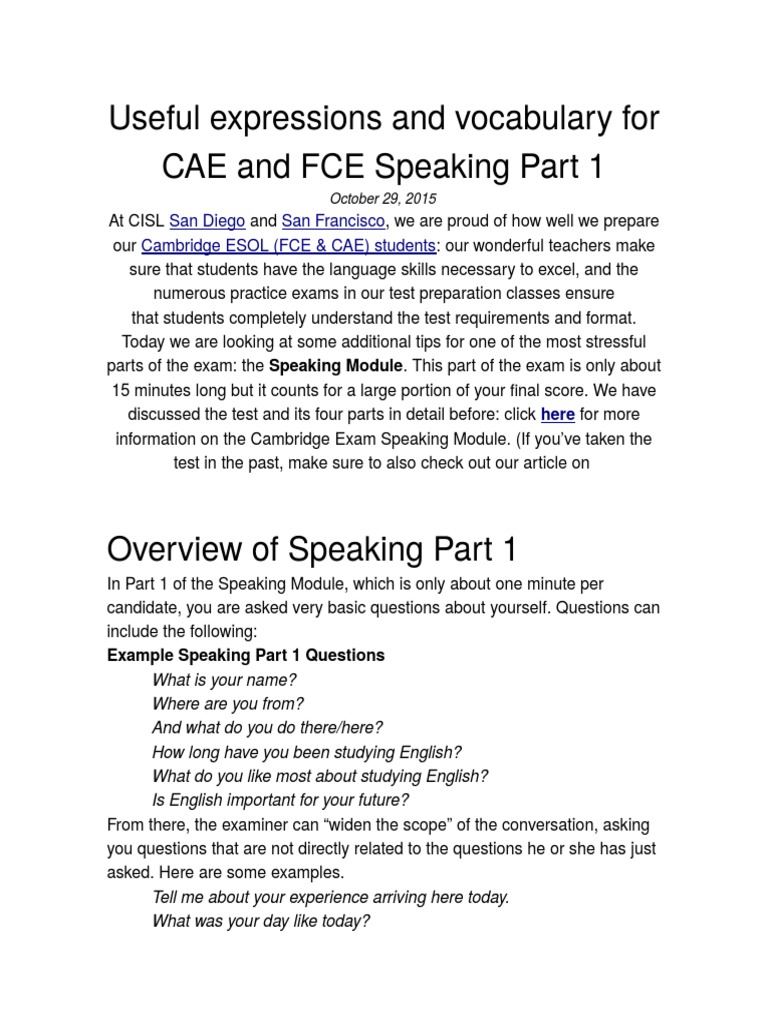 FCE PART 1useful Expressions and Vocabulary For CAE and FCE Speaking ...