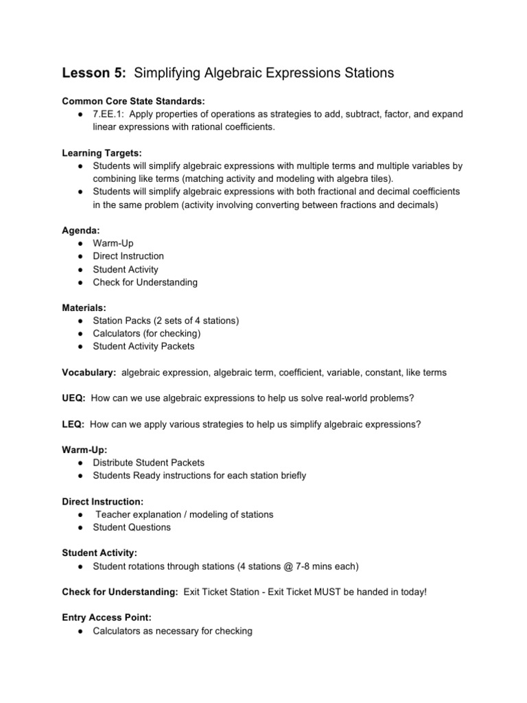 Lesson 5: Simplifying Algebraic Expressions Stations | PDF | Decimal ...
