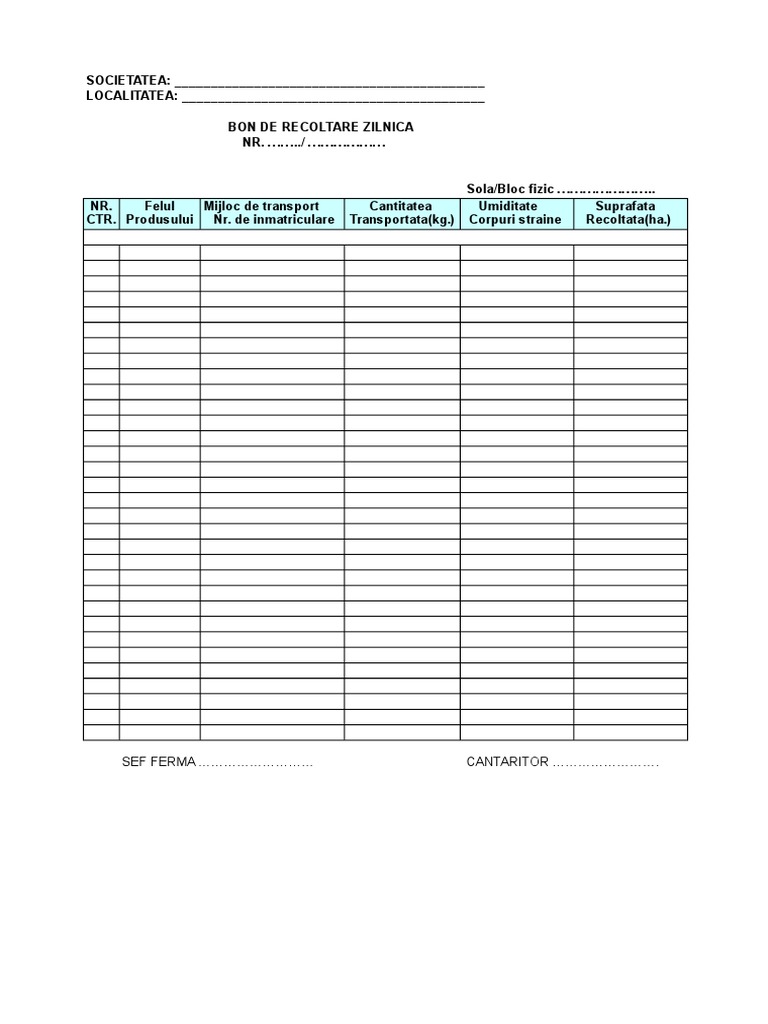 Model Bon de Recoltare