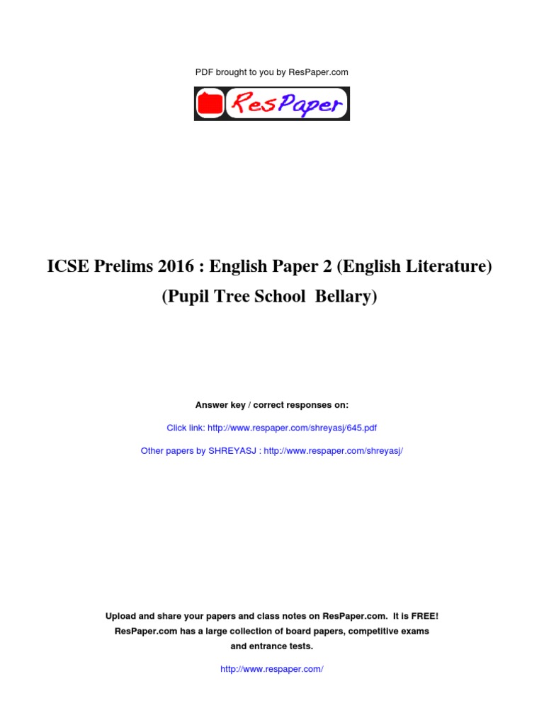 ResPaper ICSE Prelims 2016 English Paper 2 English Literature Pupil ...