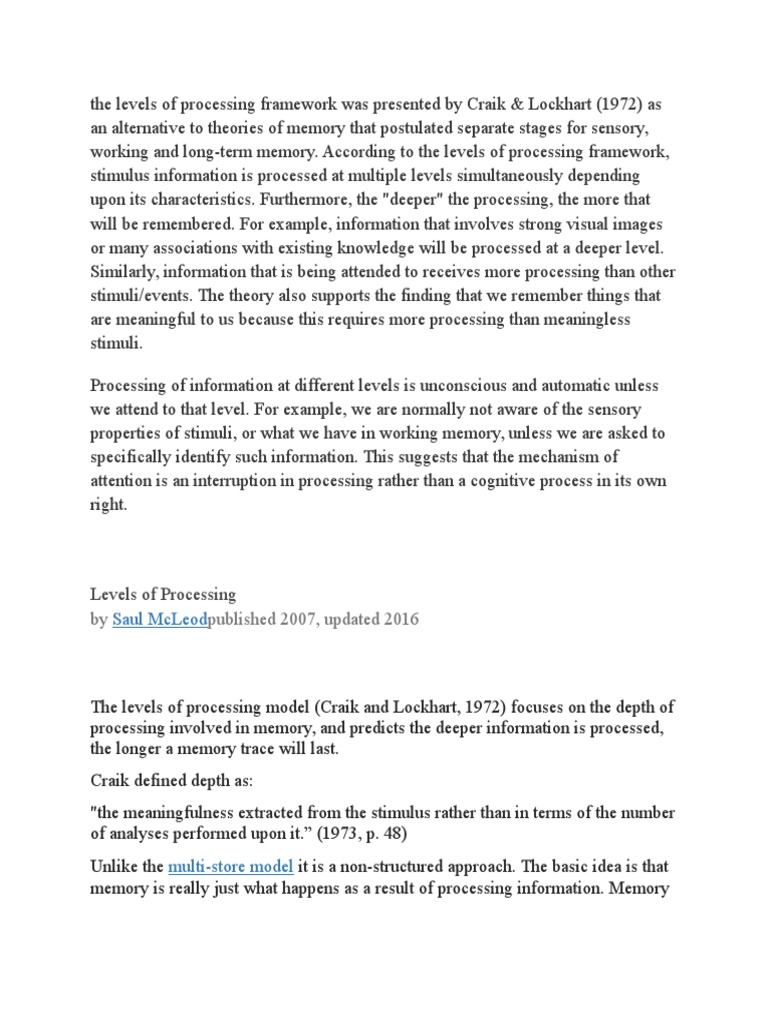 Levels of Processing | PDF | Memory | Mental Processes