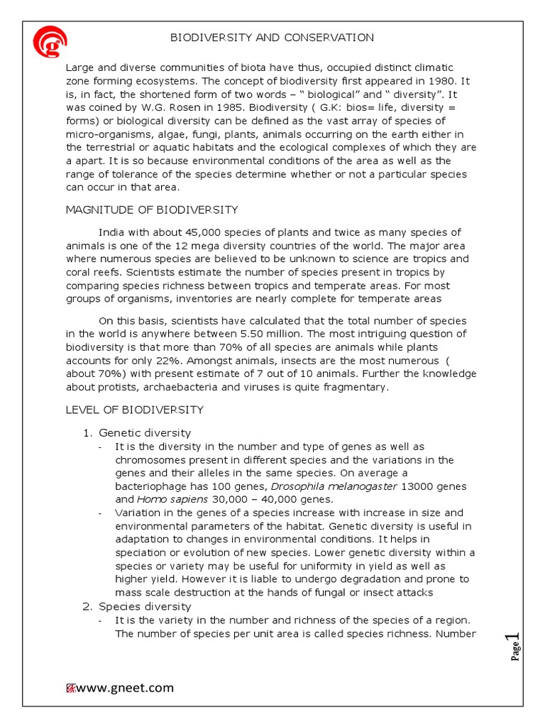 Biodiversity and Its Conservation | PDF | Biodiversity | Conservation ...