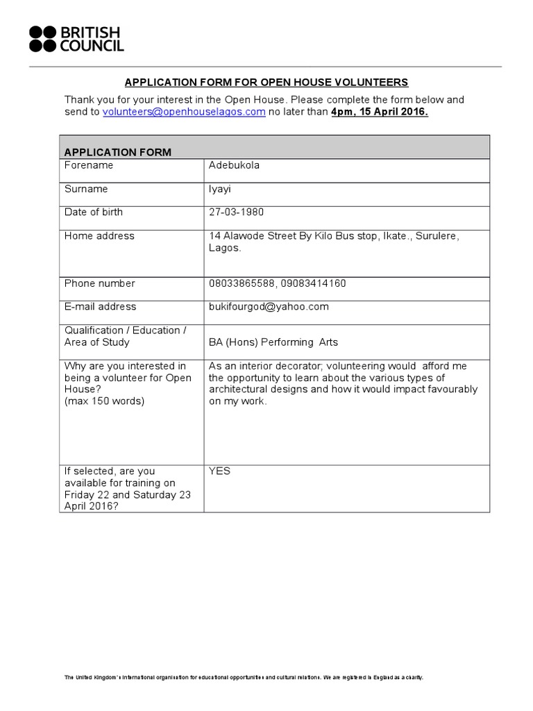 Application Form For Open House Volunteers | PDF | Social Science ...