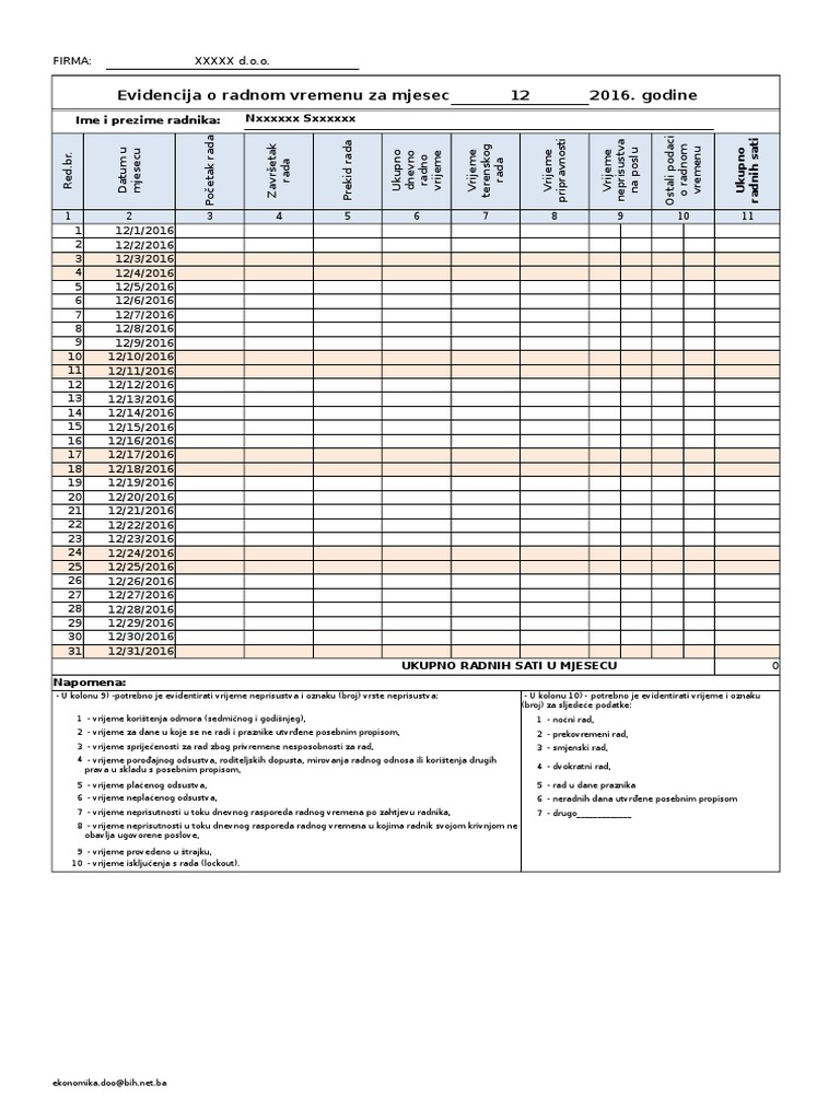 7.evidencija Radnog Vremena | PDF