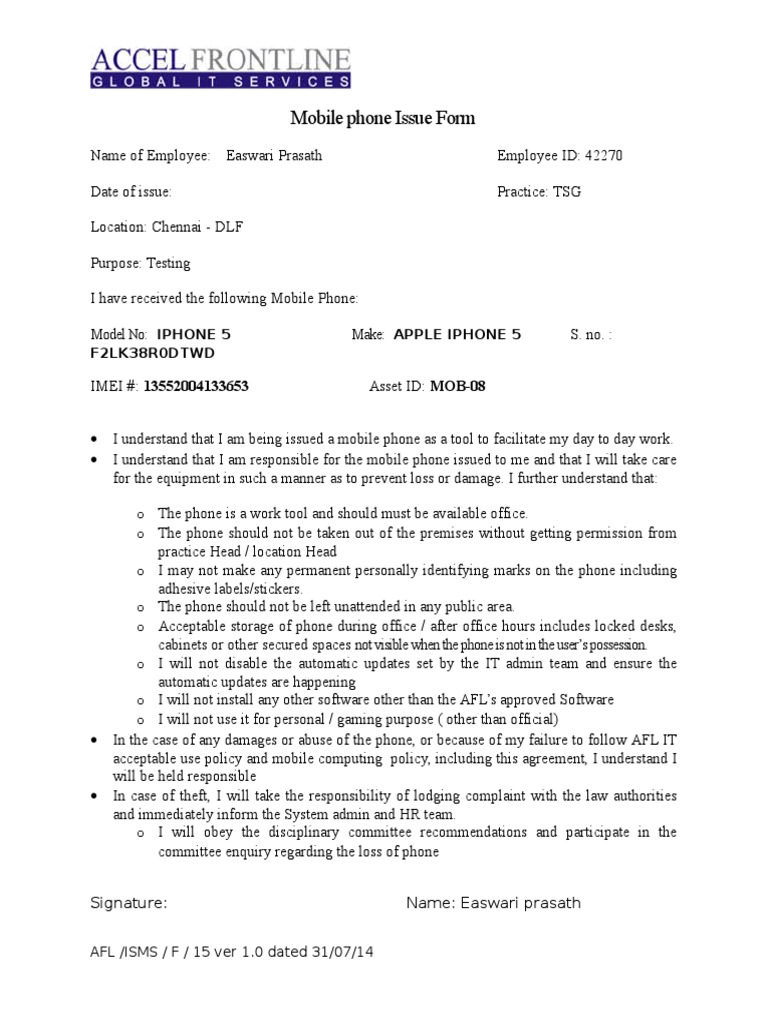Mobile Phone Issue Form: Iphone 5 Apple Iphone 5 F2LK38R0DTWD | PDF