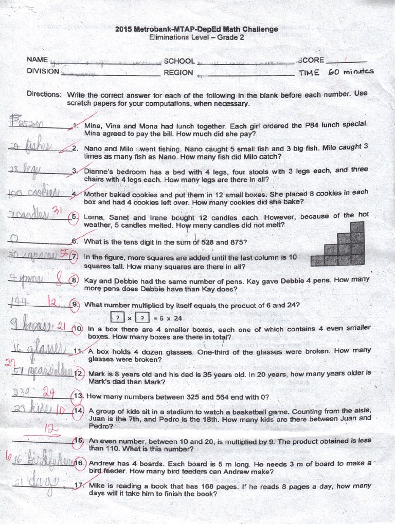 2015 Metrobank-MTAP-DepEd Math Challenge Elimination Grade 2 PDF | PDF
