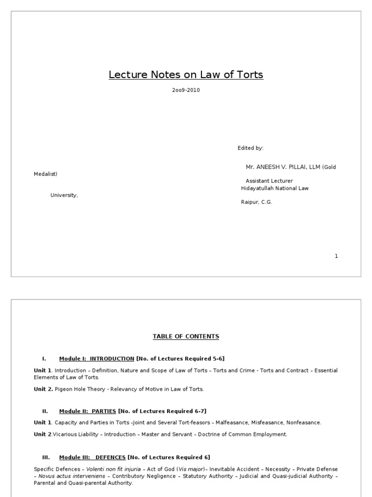 Study Material Law of Torts | PDF | Tort | Joint And Several Liability