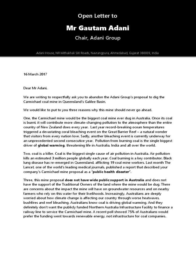Letter To Gautam Adani | PDF | Pollution | Coal