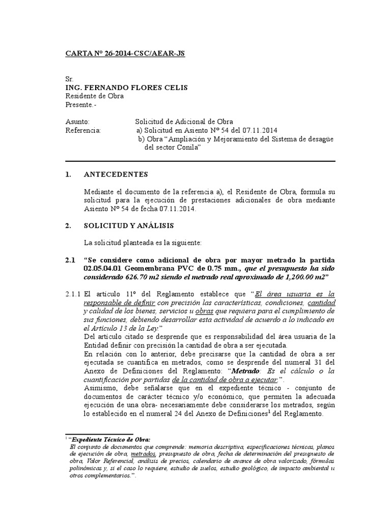 Carta de Adicional de Obra | PDF | Regulación | Presupuesto