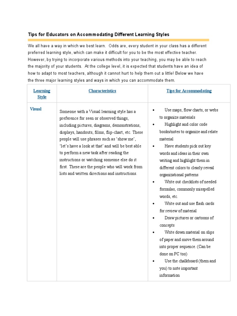 Tips For Educators On Accommodating Different Learning Styles | PDF ...