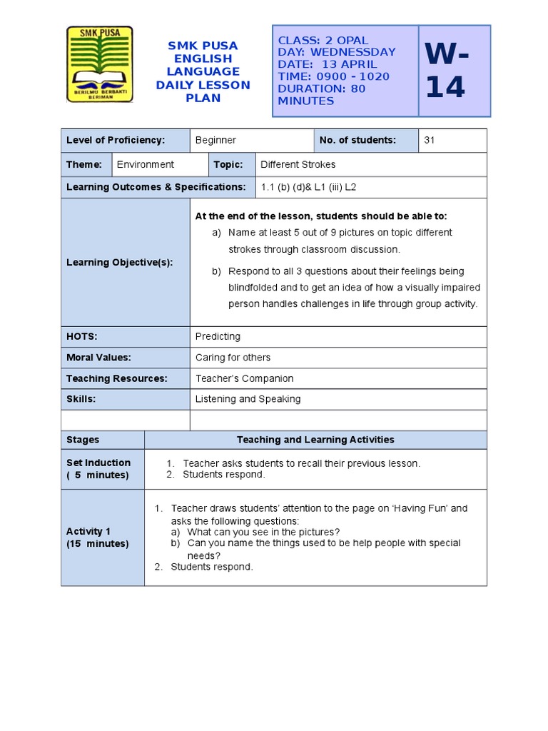 SMK Pusa English Language Daily Lesson Plan | PDF | Lesson Plan | Teachers