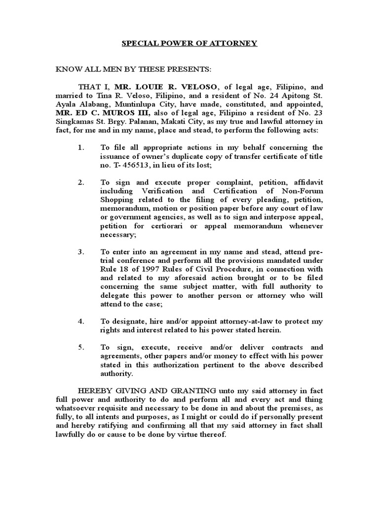 Special Power of Atty | PDF | Lawyer | Social Institutions