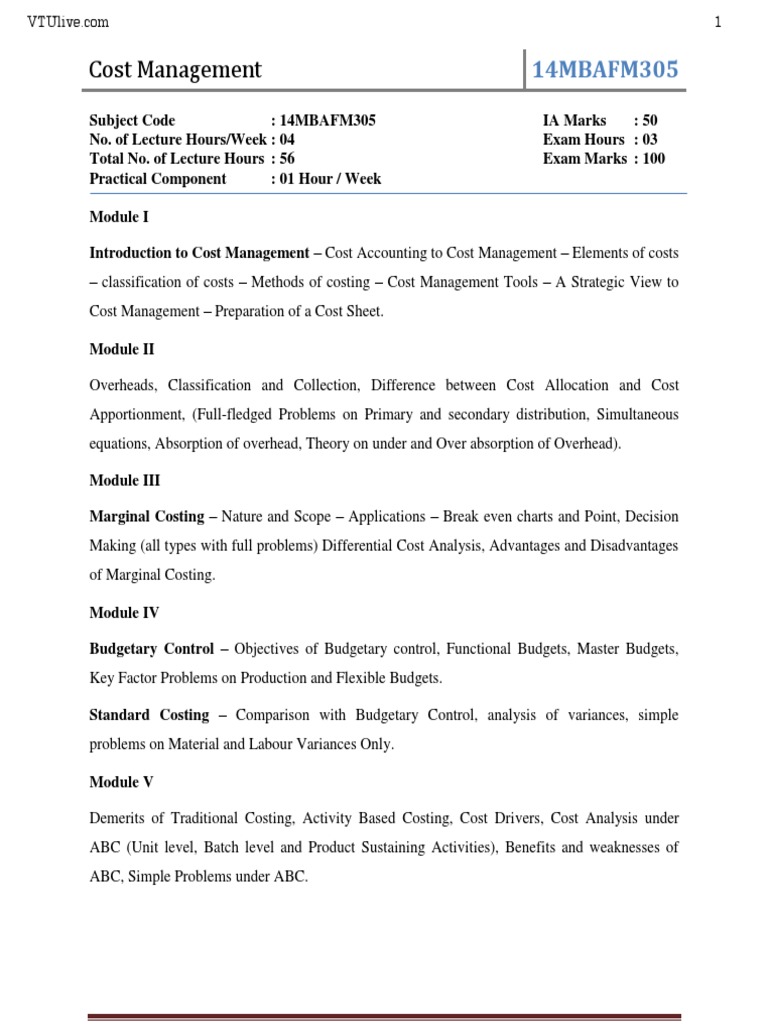 Mba III Cost Management Notes | PDF | Cost Accounting | Cost