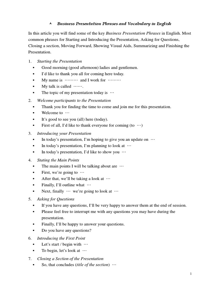 Business Presentation Vocabulary Guide | PDF