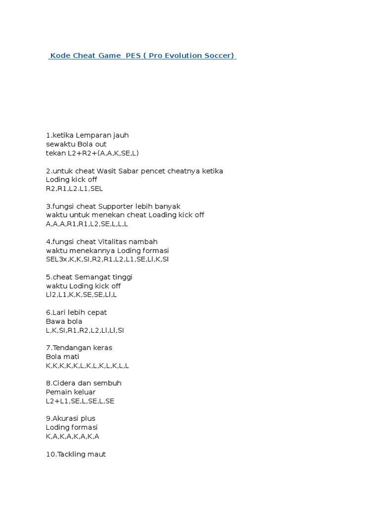 PES Cheat Codes for PS2 | PDF | Sports & Recreation