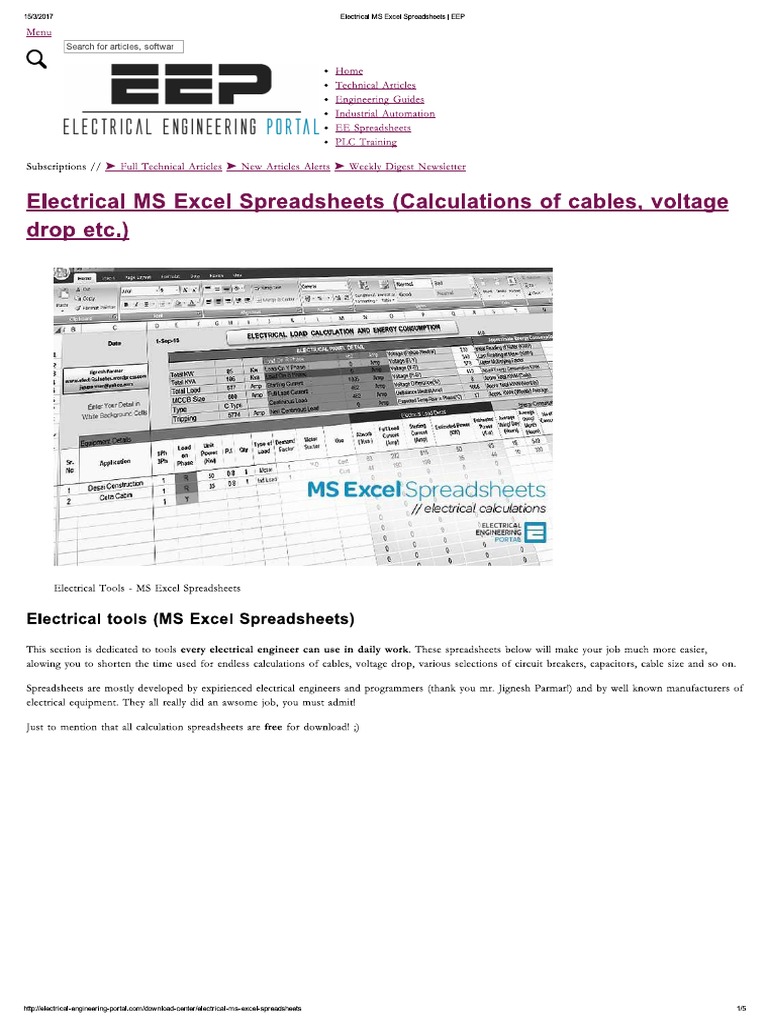 Electrical MS Excel Spreadsheets - EEP