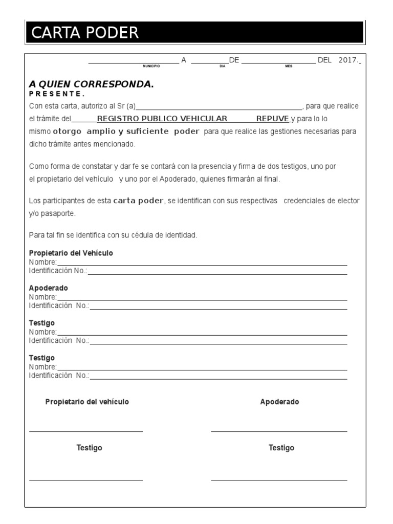 Carta de poder para realizar trámites de registro vehicular | PDF