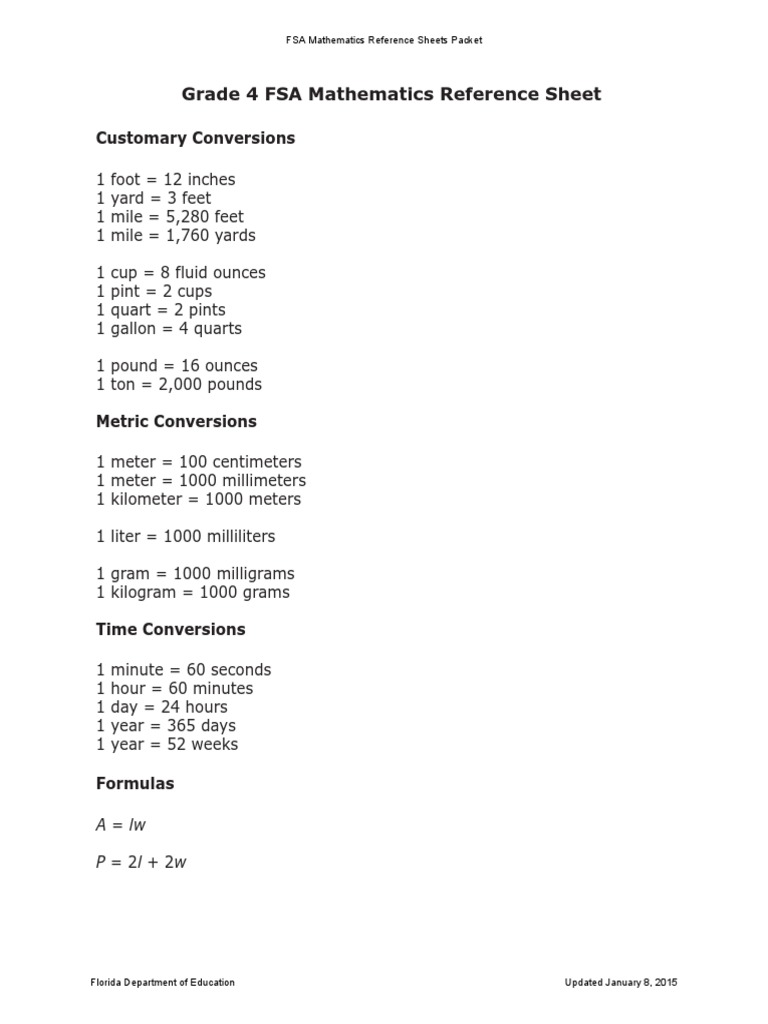FSA GR 4 MathematicsReference Sheet | PDF