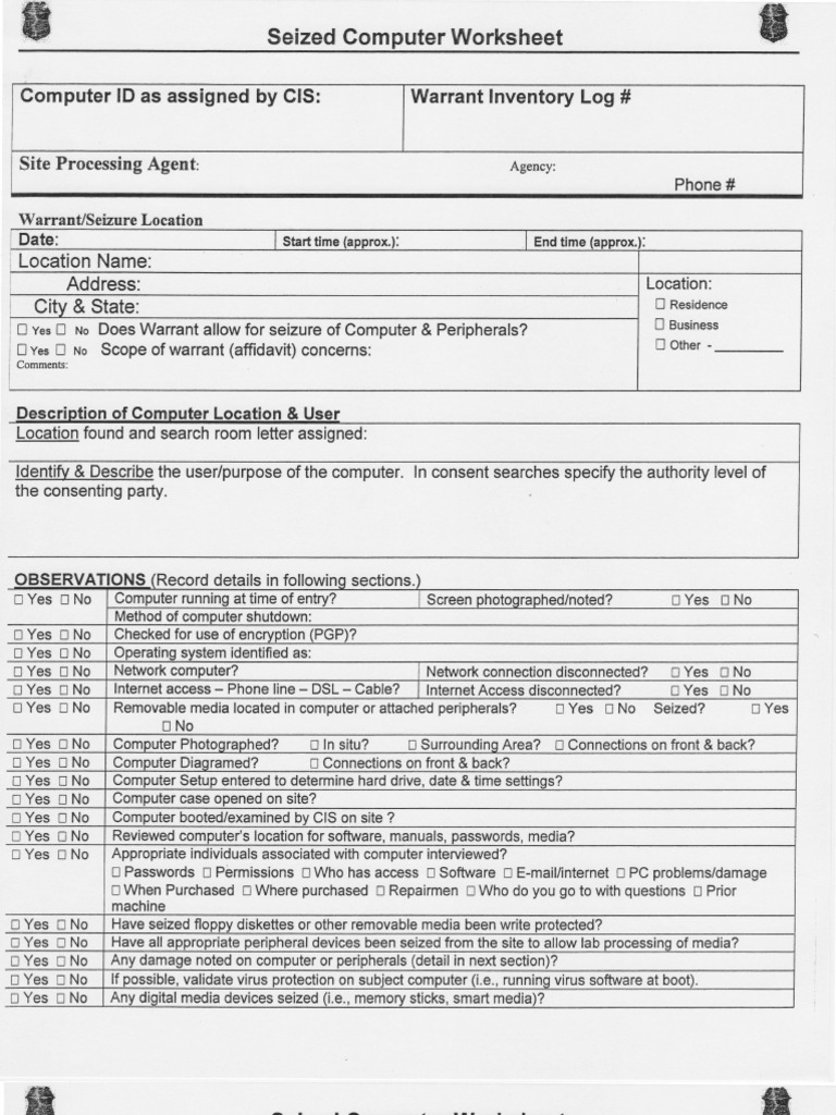 Seized Computer Worksheet | PDF | Office Equipment | Computer Engineering