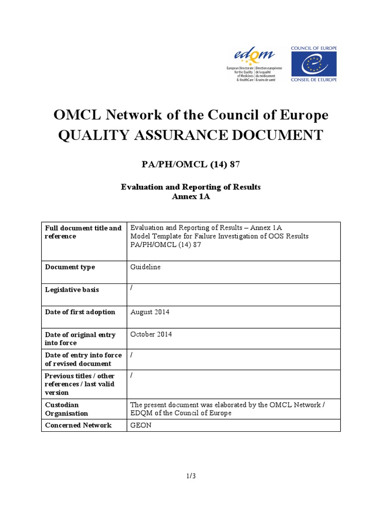 Evaluation Reporting of Results Annex 1a Model Template For Failure Investigation of Oos Results ...