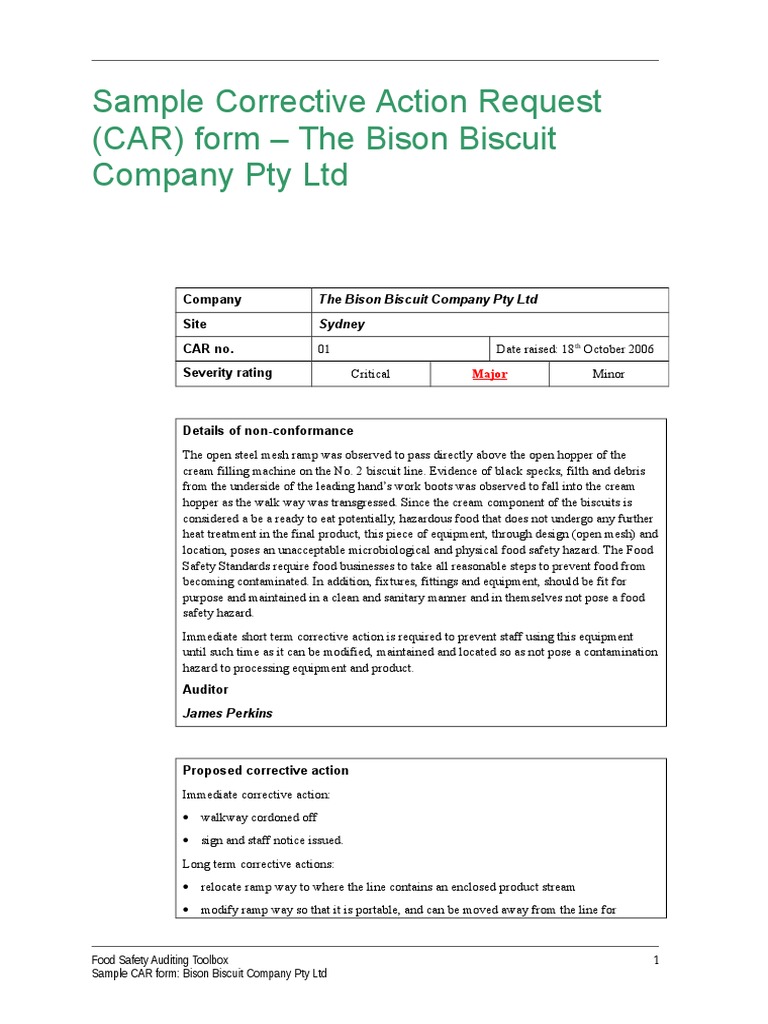 Sample Corrective Action Request (CAR) Form - The Bison Biscuit Company ...