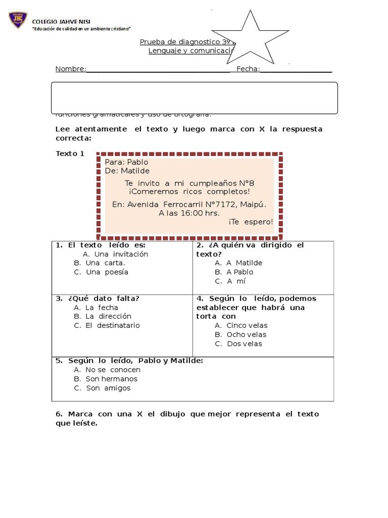 Prueba de Diagnostico 3º Básico (Lenguaje) | PDF