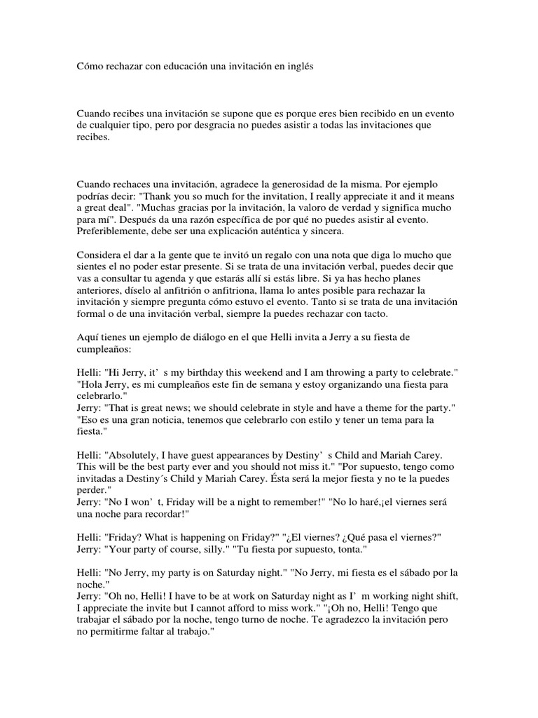 Cómo Rechazar Con Educación Una Invitación en Inglés | PDF ...
