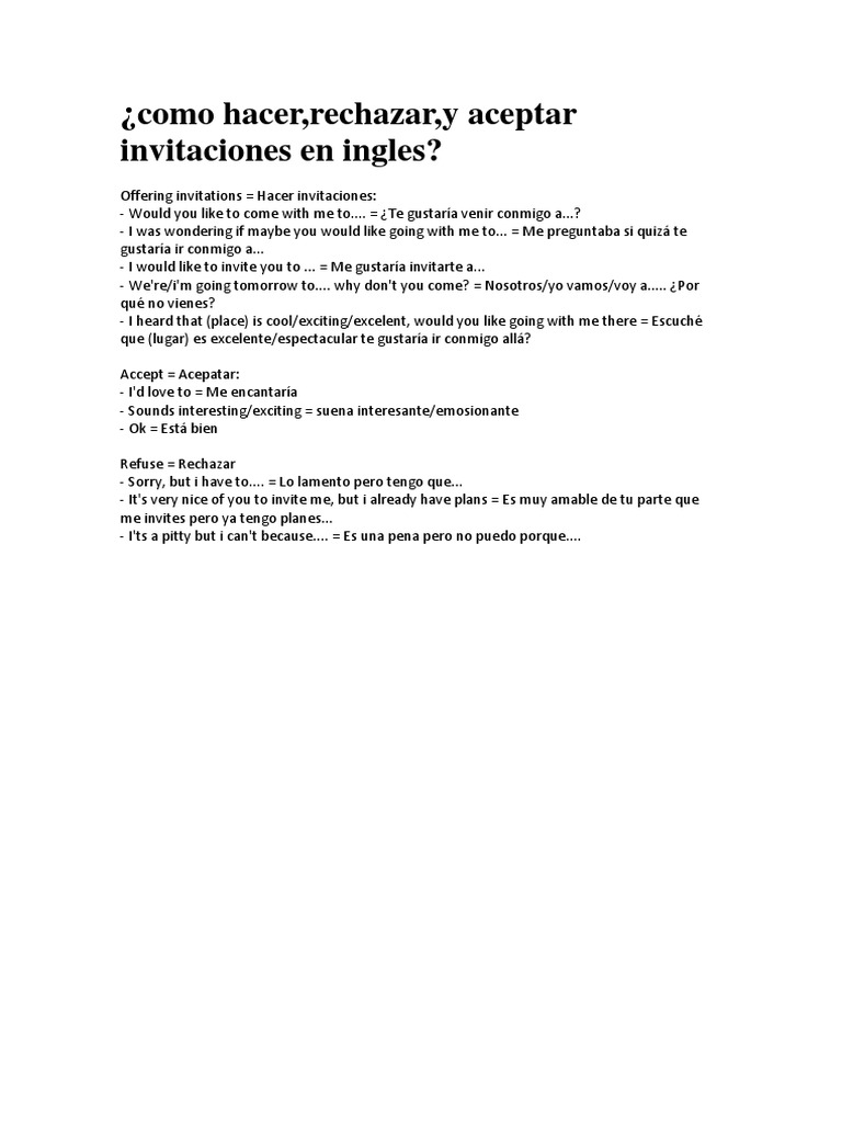 ¿Como Hacer, Rechazar, y Aceptar Invitaciones en Ingles? | PDF