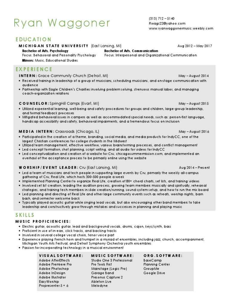 Ryan Waggoner Resume | PDF | Singing | Leisure