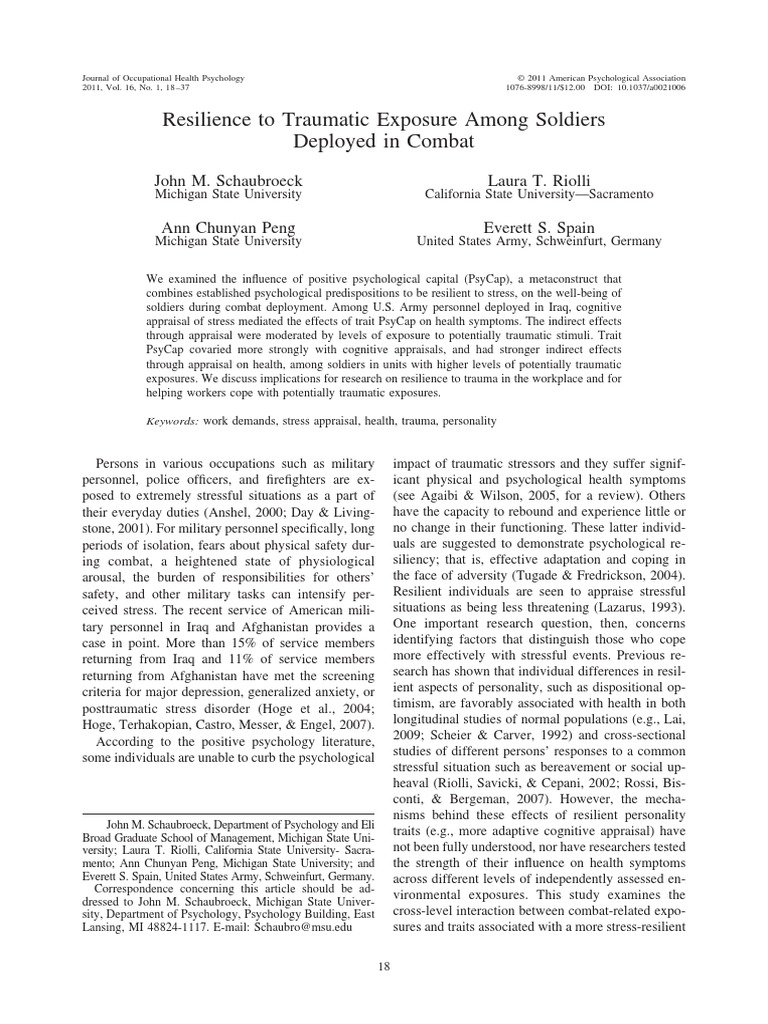 Resilience To Traumatic Exposure Among Soldiers | PDF | Psychological ...