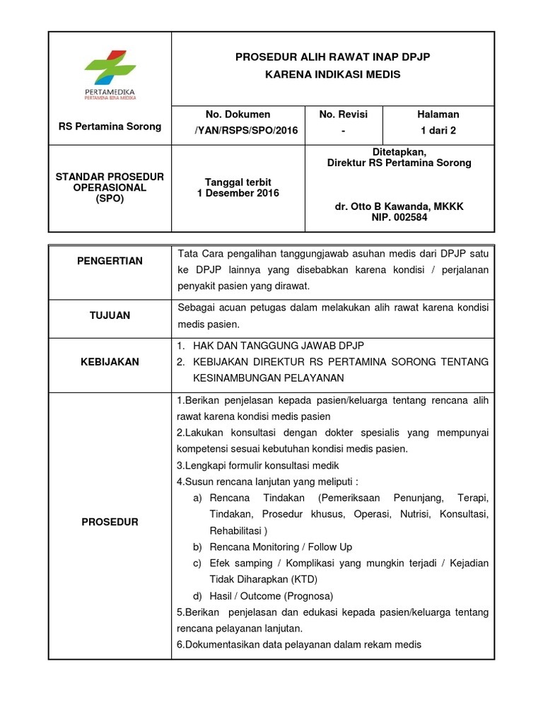 SPO Alih Rawat DPJP Oleh Karena Indikasi Medis | PDF