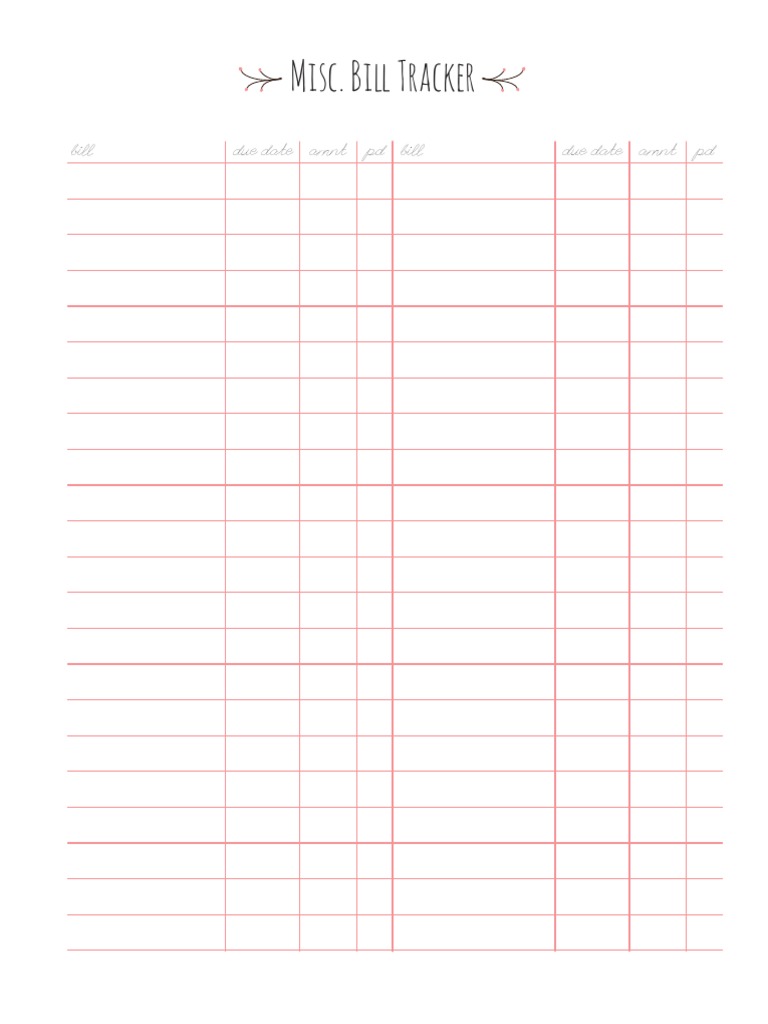 Misc. Bill Tracker: Bill Due Date Amnt PD Bill Due Date Amnt PD | PDF ...