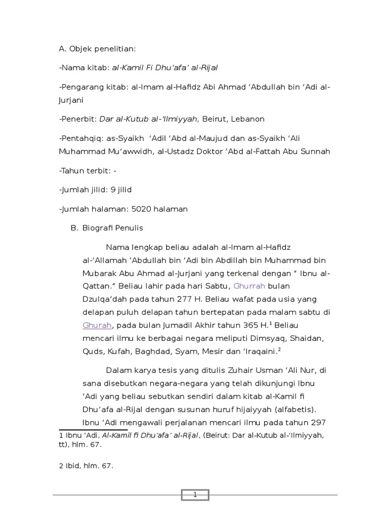 Studi Kitab Al-Kamil Fi Dhu 'Afa Al-Rijal | PDF