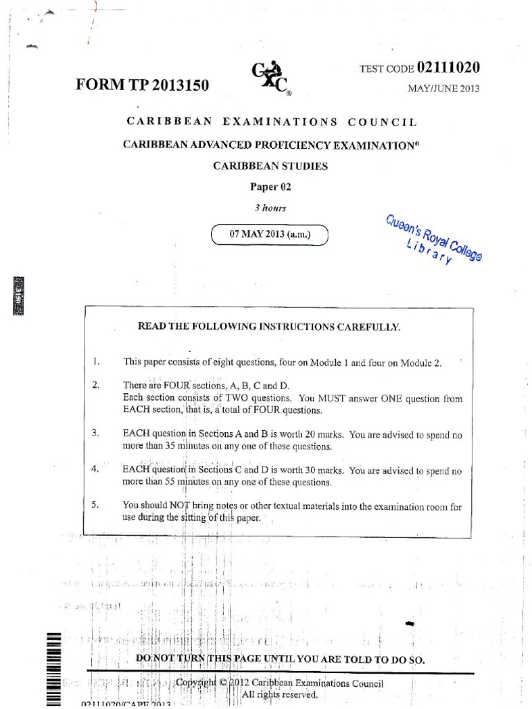 CAPE - Caribbean Studies - Paper 02 - 2013 | PDF