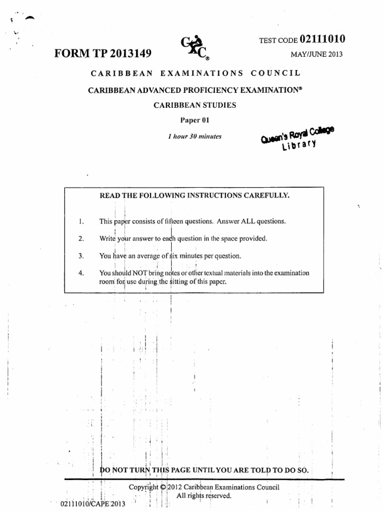 CAPE - Caribbean Studies - Paper 01 - 2013 | PDF