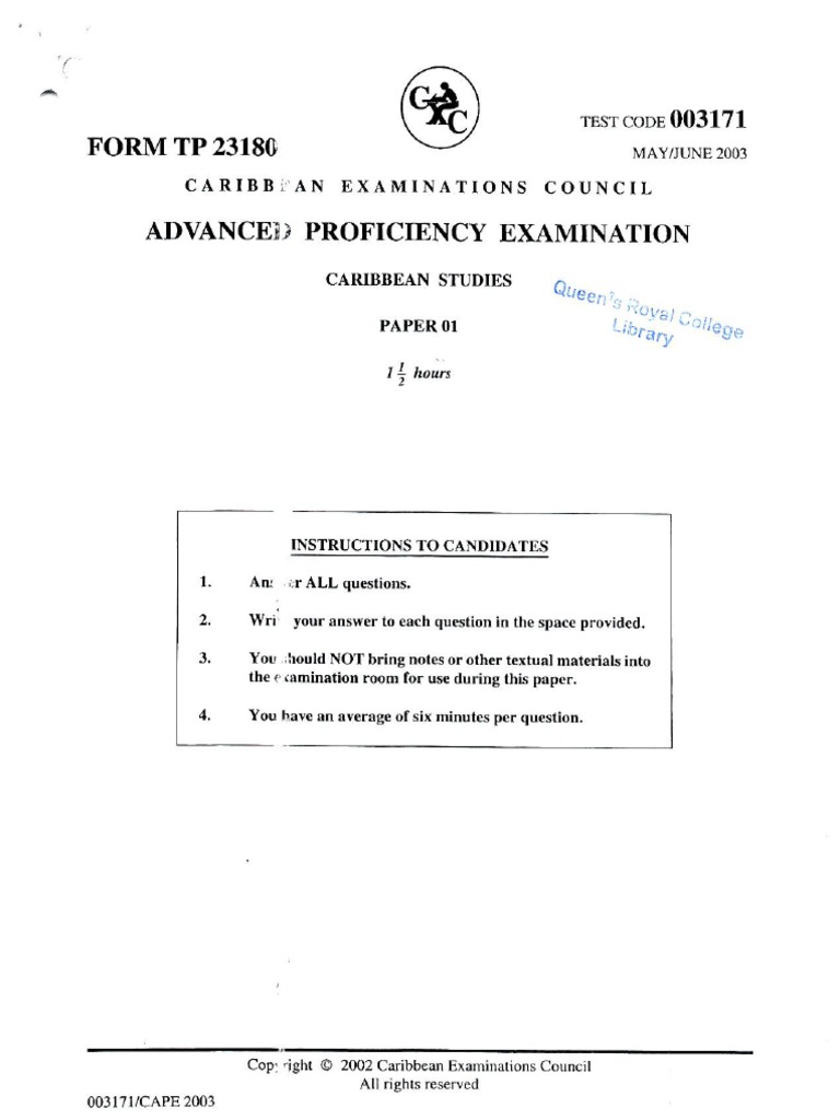 CAPE - Caribbean Studies - Paper 01 - 2003 | PDF