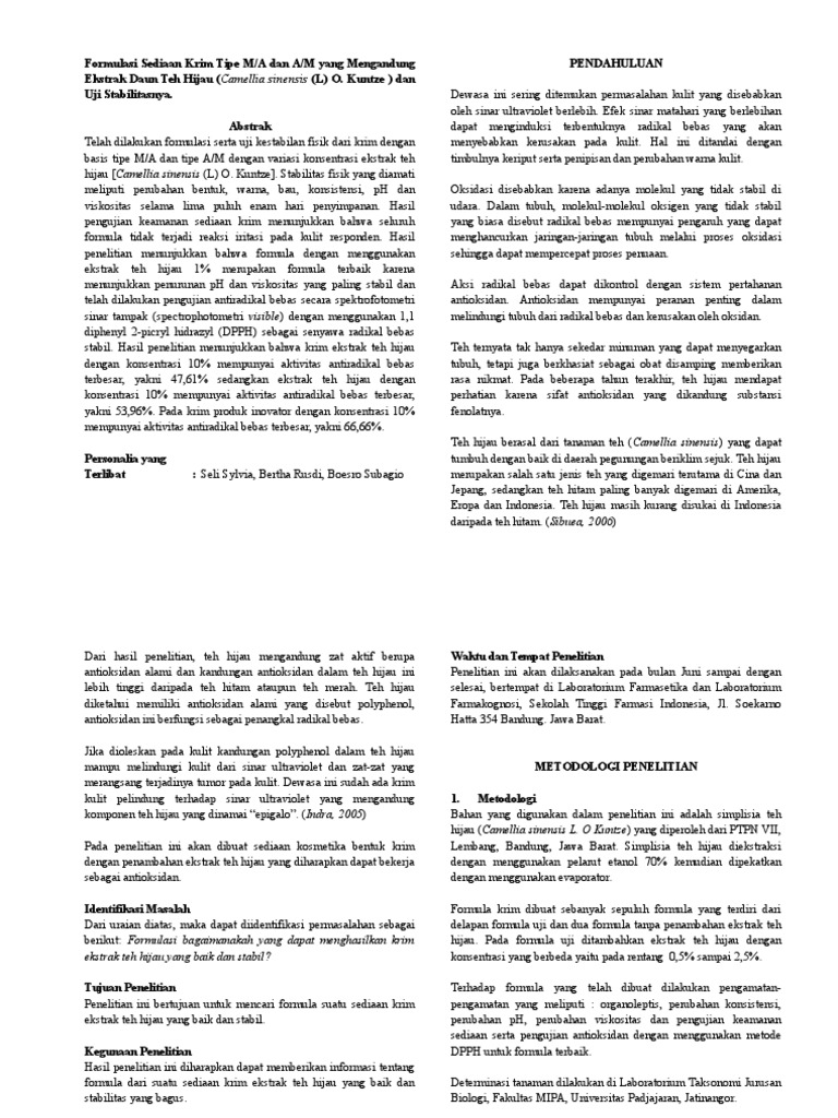 Formulasi Sediaan Krim Tipe M-A Dan A-M Yang Mengandung Ekstrak Daun Teh Hijau (Camellia ...