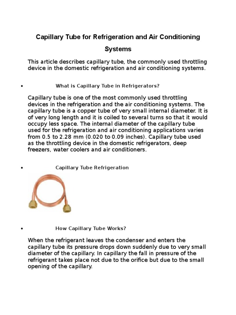 Capillary Tube for Refrigeration and Air Conditioning Systems | Air ...