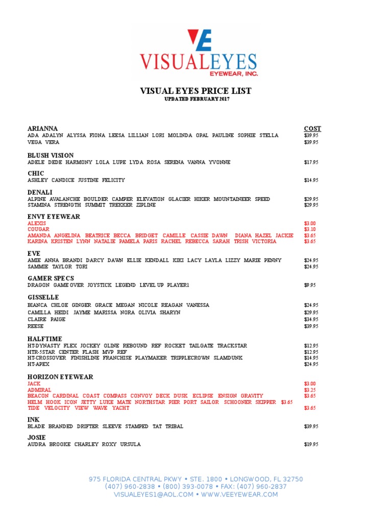 Onesight Price List Visual Eyes | PDF