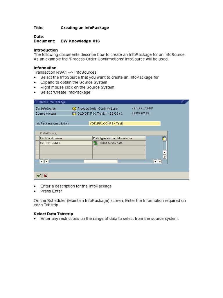 Title: Creating An Infopackage Date: Document: BW Knowledge - 016 | PDF ...