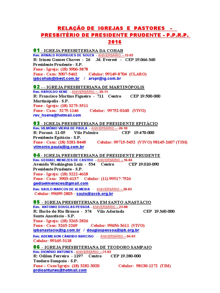 Relação de igrejas e pastores PPRP | PDF