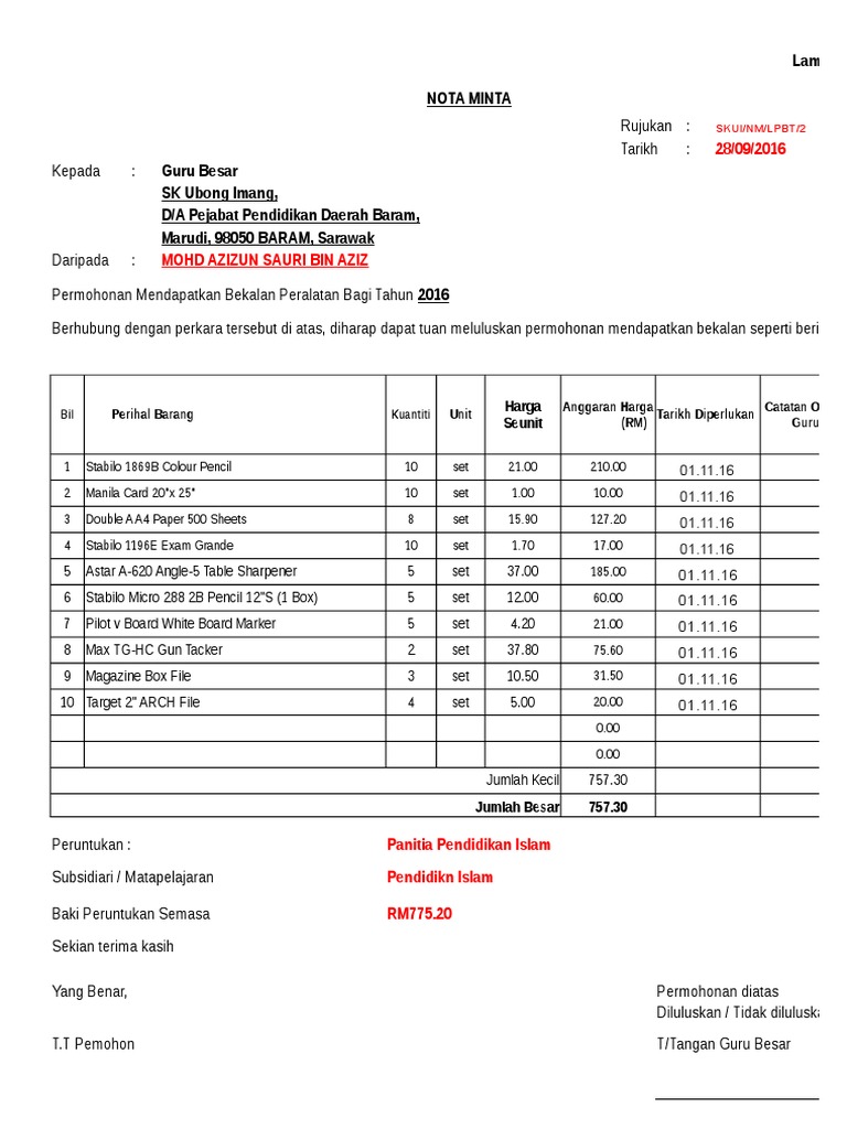 NOTA MINTA-Kegiatan Pendidikan Islam | PDF