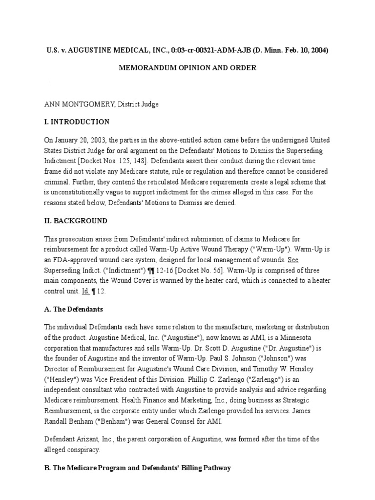 U.S. v. Augustine Medical, Inc., Memorandum Order (D. Minn. Feb. 10 ...