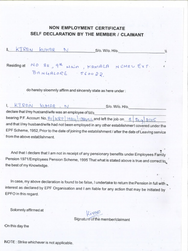 Sample Unemployment Declaration From | PDF