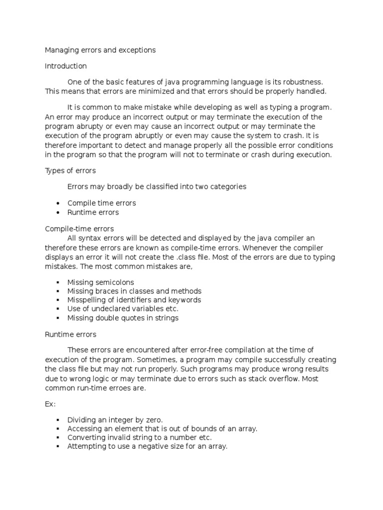 Managing Errors And Exception Pdf Method Computer Programming Java Programming Language 