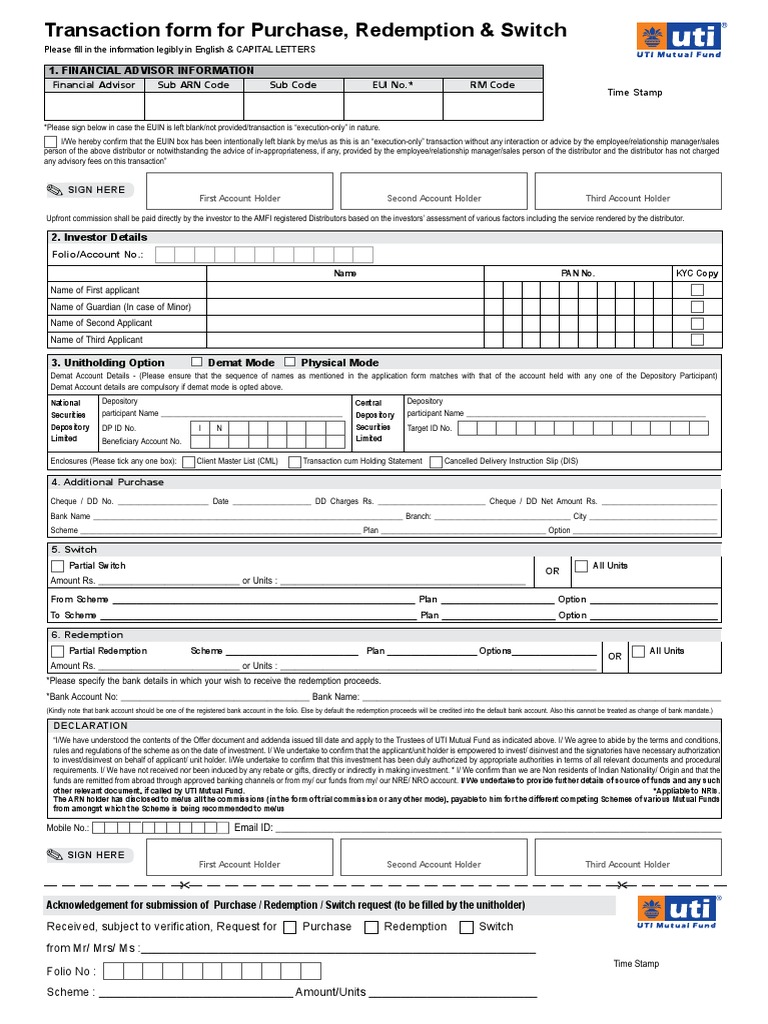 UTI Mutual Fund Transaction Form | PDF | Service Industries | Financial ...