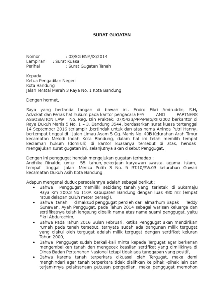 Contoh Surat Gugatan Perdata Masalah Tanah | PDF