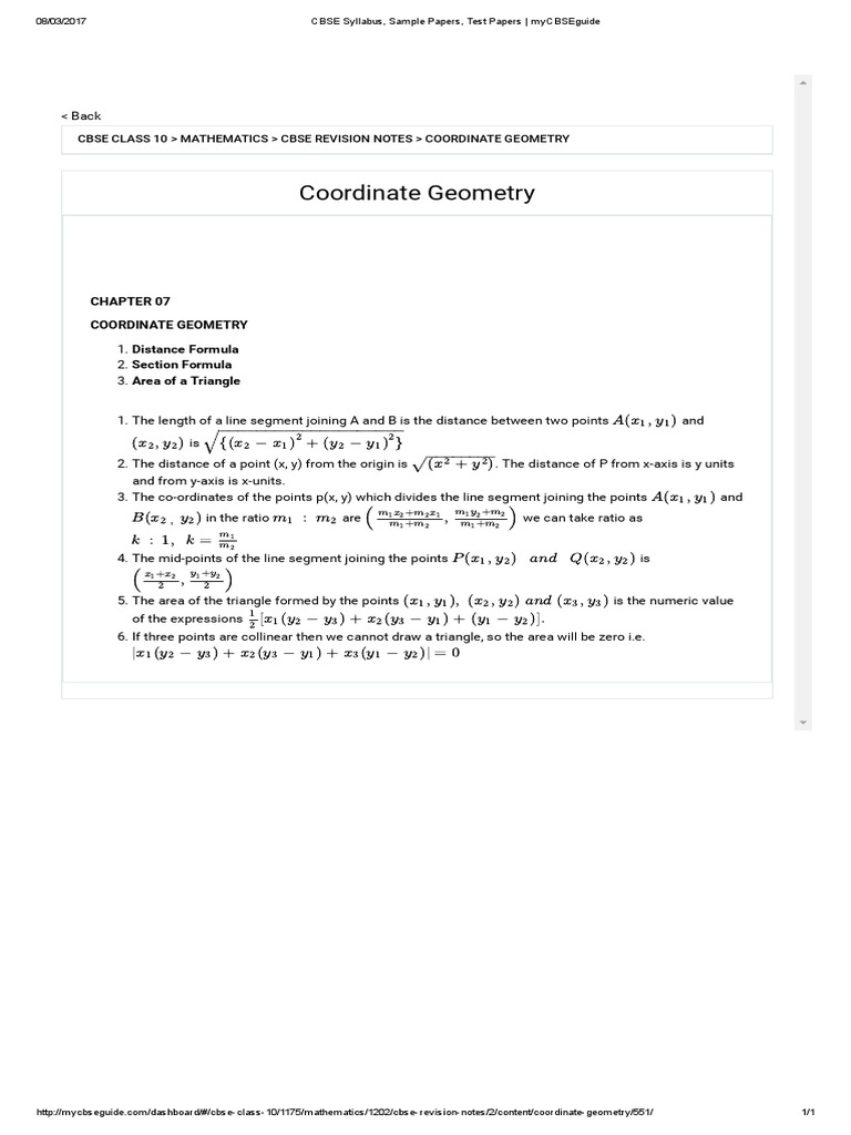 Coordinate Geometry: Cbse Class 10 Mathematics Cbse Revision Notes ...