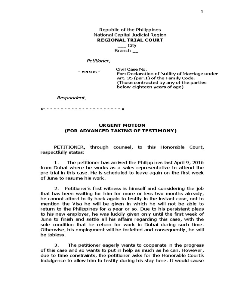 Motion For Advance Taking | PDF | Judiciaries | Virtue