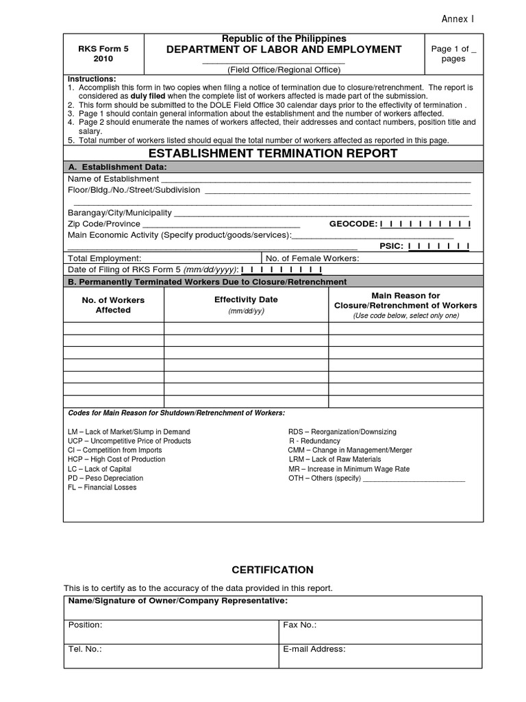 NOTICE TO DOLE CLOSURE RKS Form 5 - 2010 (1).pdf | Labor | Business